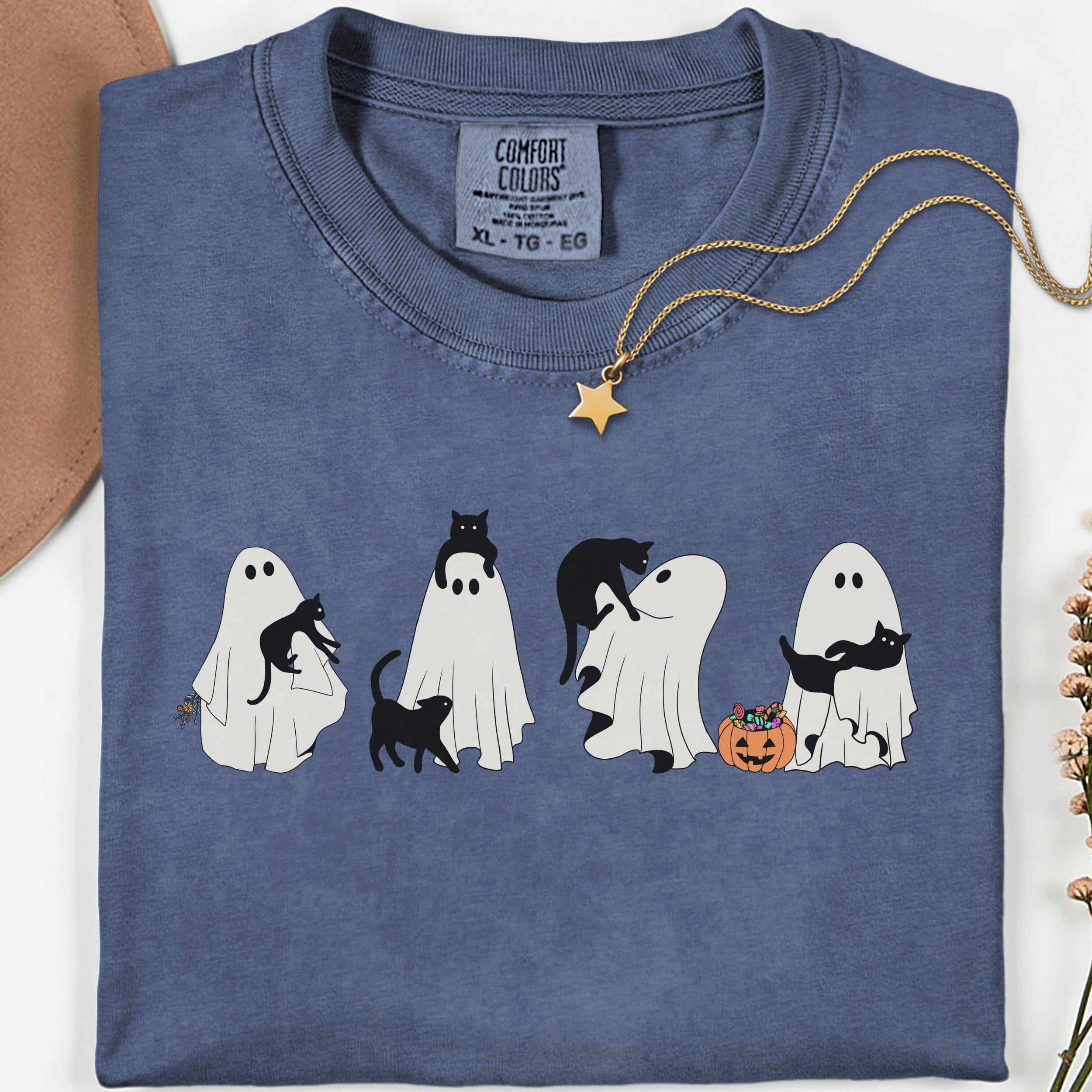 DOVU Hal.Low.Een Black Cat & Ghost Shirt, Hal.Low.Een Ghost Tshirt, Spooky Season Cat Tee, Hal ...