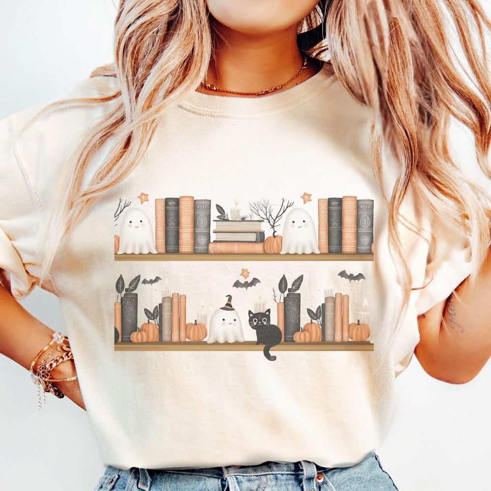 DOVU Hal.Low.Een Bookshelf Shirt Cute Ghost Pumpkin Cat Tee Â· Bookish Fall Reading T-Shirt Â ...