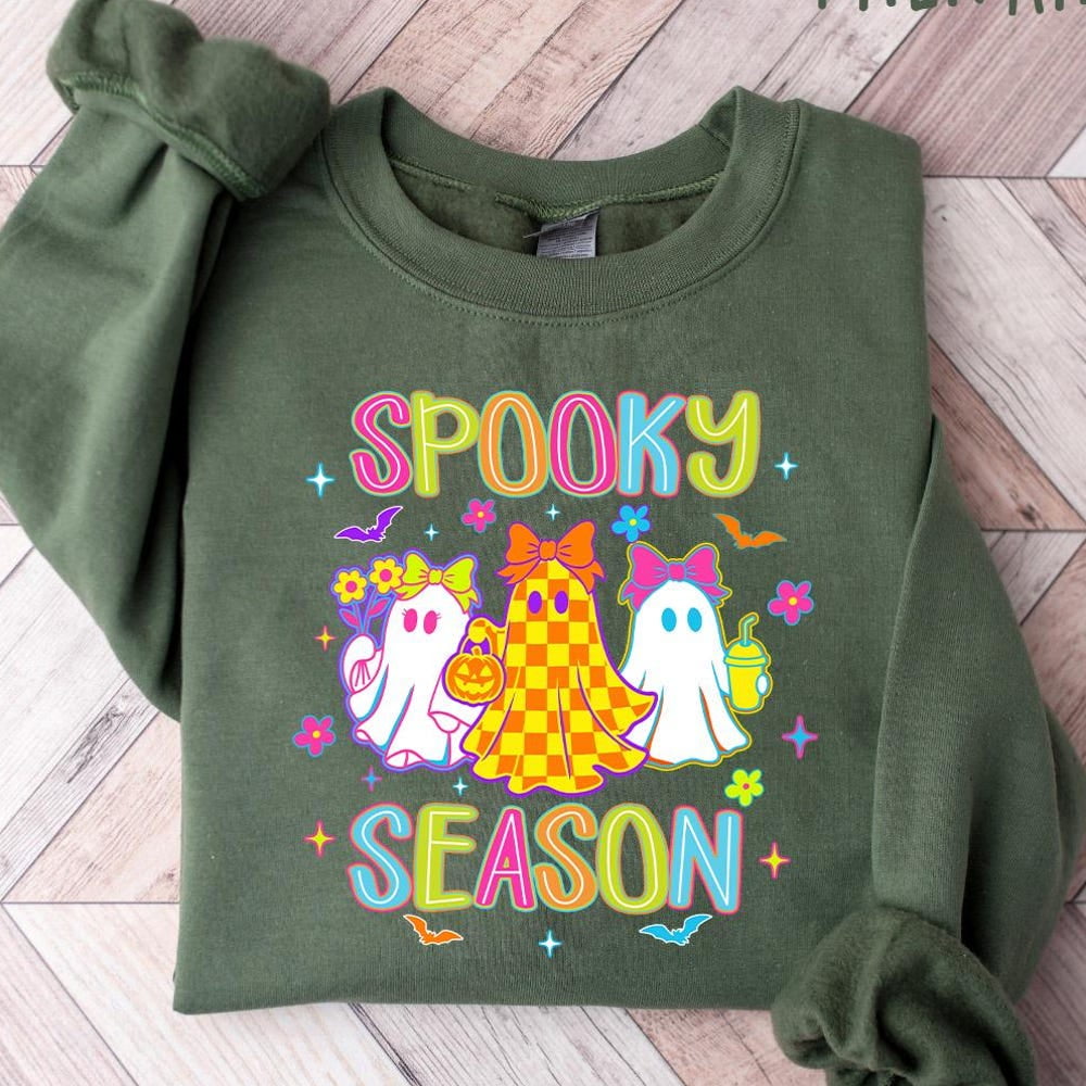 DOVU Hal.Low.Een Bow Ghost Neon Sweatshirt, Cute Boo Ghost Coquette Sweatshirt, Hal.Low.Een ...