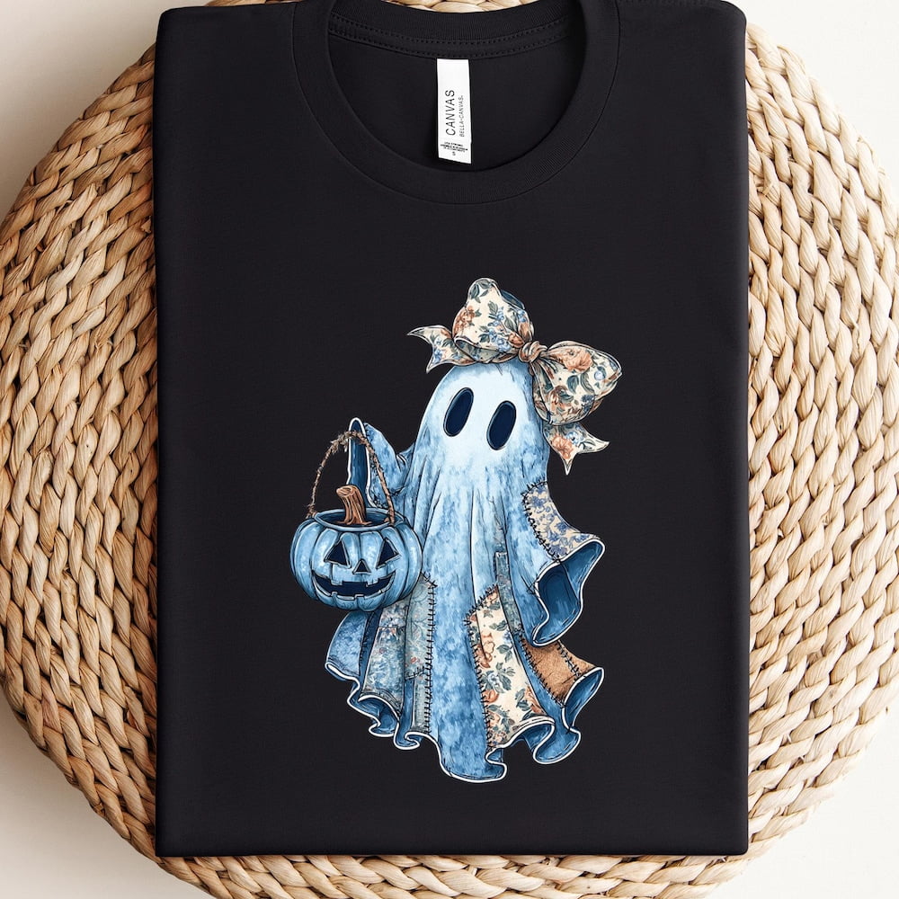 DOVU Hal.Low.Een Coquette Ghost Shirt, Blue Denim Bow Shirt, Pumpkin Spooky Season Tee, Retro ...