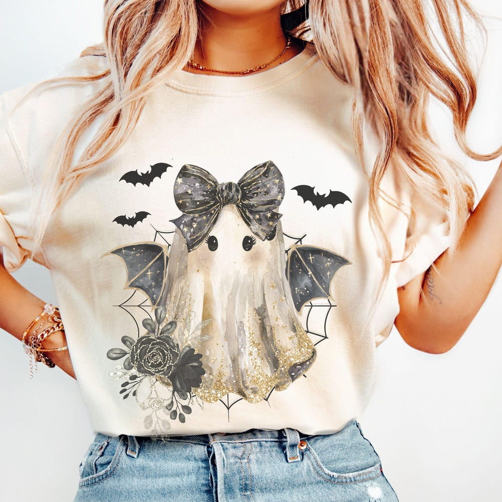 DOVU Hal.Low.Een Coquette Ghost Shirt Sp00Ky Ghost Fall Tee Bat Girly Ghost Black Bow T Shirt ...