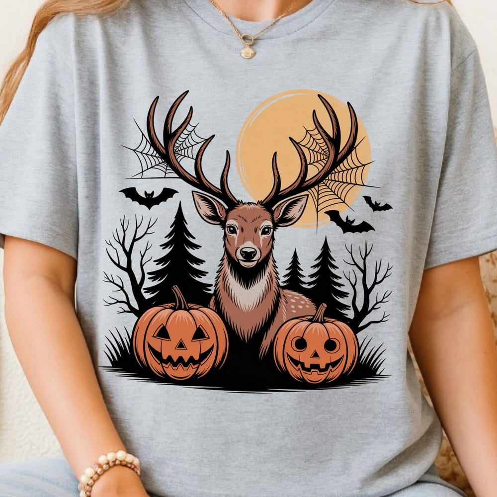 DOVU Hal.Low.Een Deer T-Shirt, Trendy Spooky Forest Rustic Hunting Hal ...