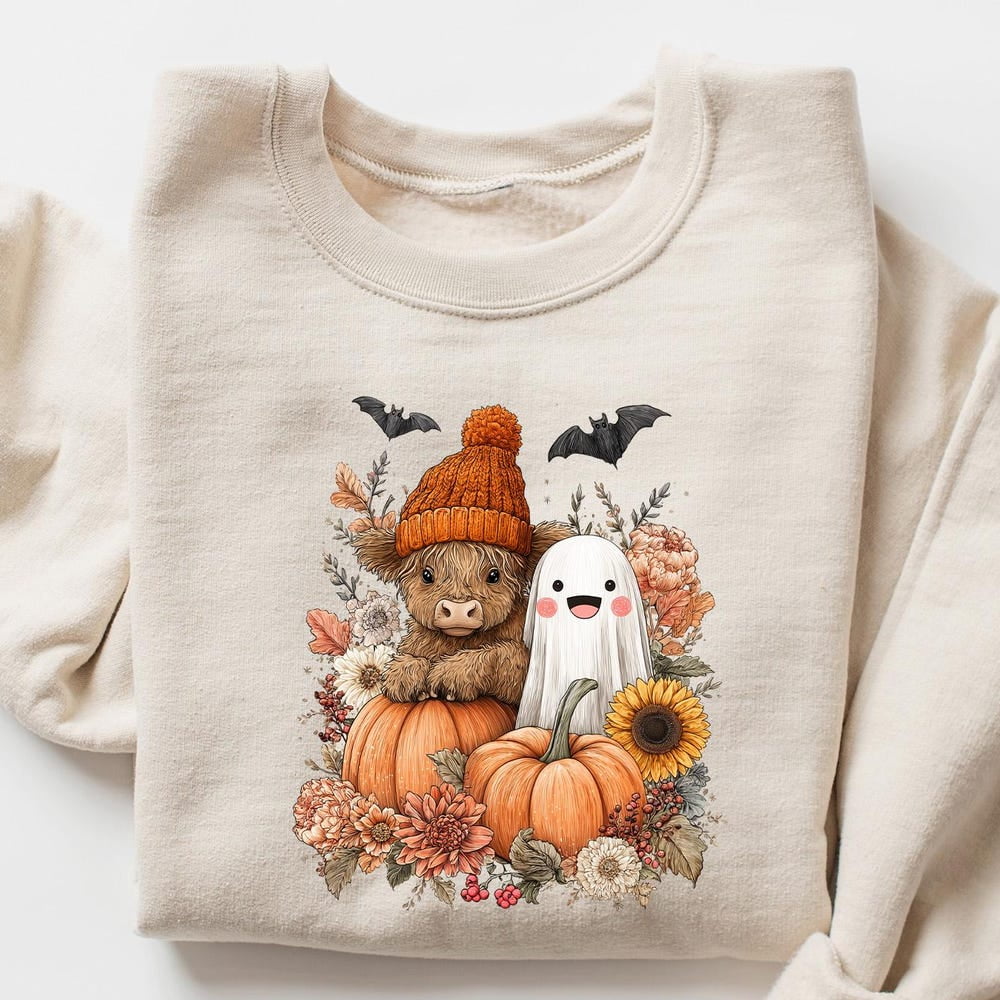 DOVU Hal.Low.Een Ghost Cow Sweatshirt, Highland Cattle Sweatshirt, Fall Tee Western Sp00Ky ...