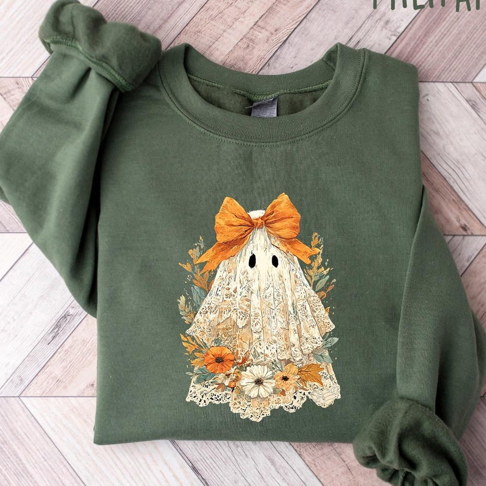 DOVU Hal.Low.Een Ghost Sweatshirt Sp00Ky Coquette Sweatshirt Girly Ghost Orange Bow Sweatshirt ...
