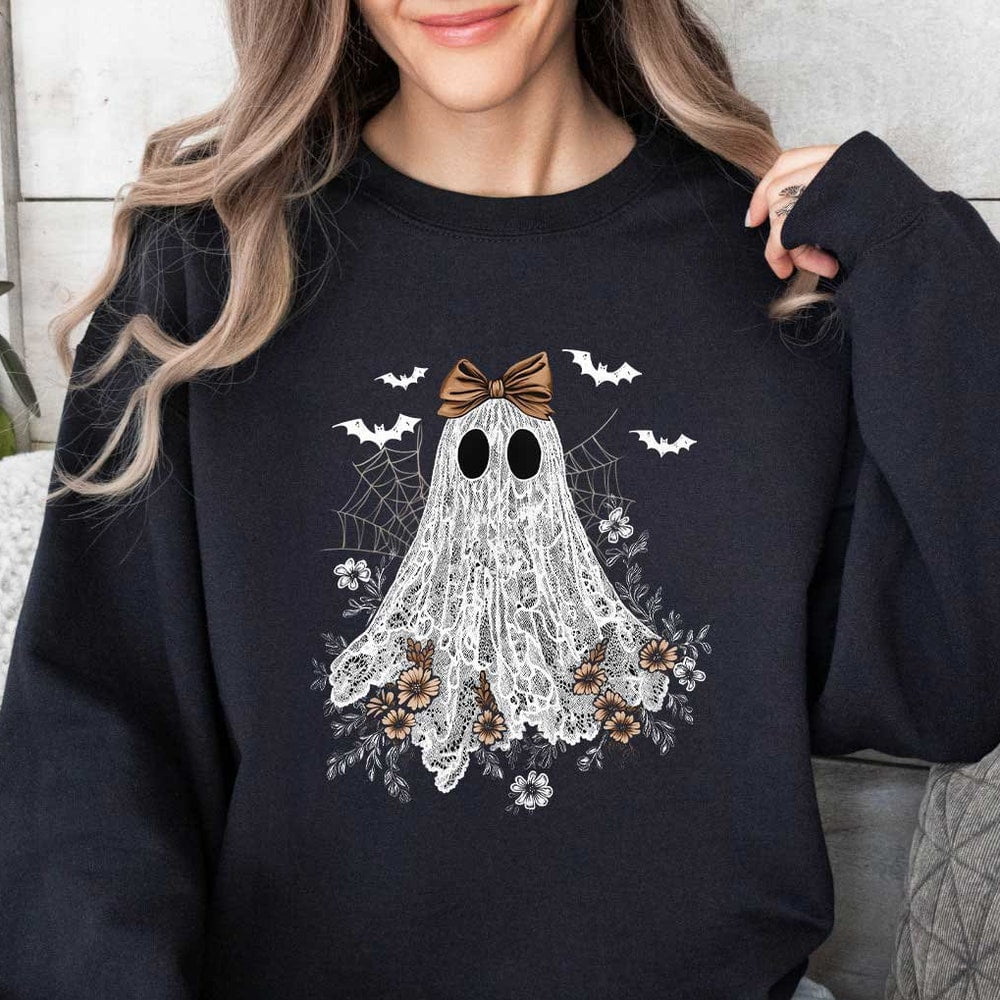 DOVU Hal.Low.Een Lace Ghost Sweatshirt Ghost Bow Crewneck Coquette Hal ...