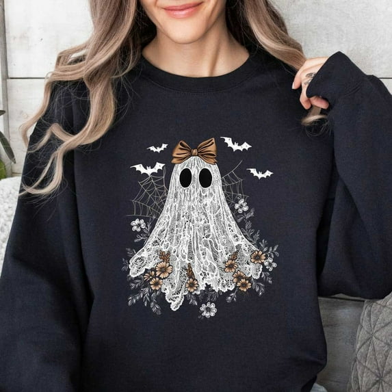 DOVU Hal.Low.Een Lace Ghost Sweatshirt Ghost Bow Crewneck Coquette Hal.Low.Een Sweater Sp00Ky ...