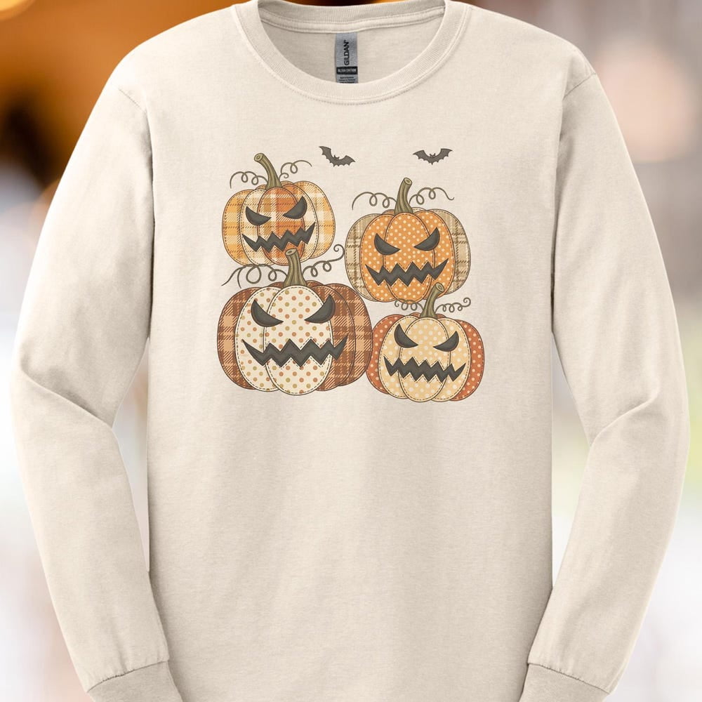 DOVU Hal.Low.Een Patchwork Skull Pumpkin Faces Sweatshirt Fall Cute Plaid Polka Dot Pumpkins ...