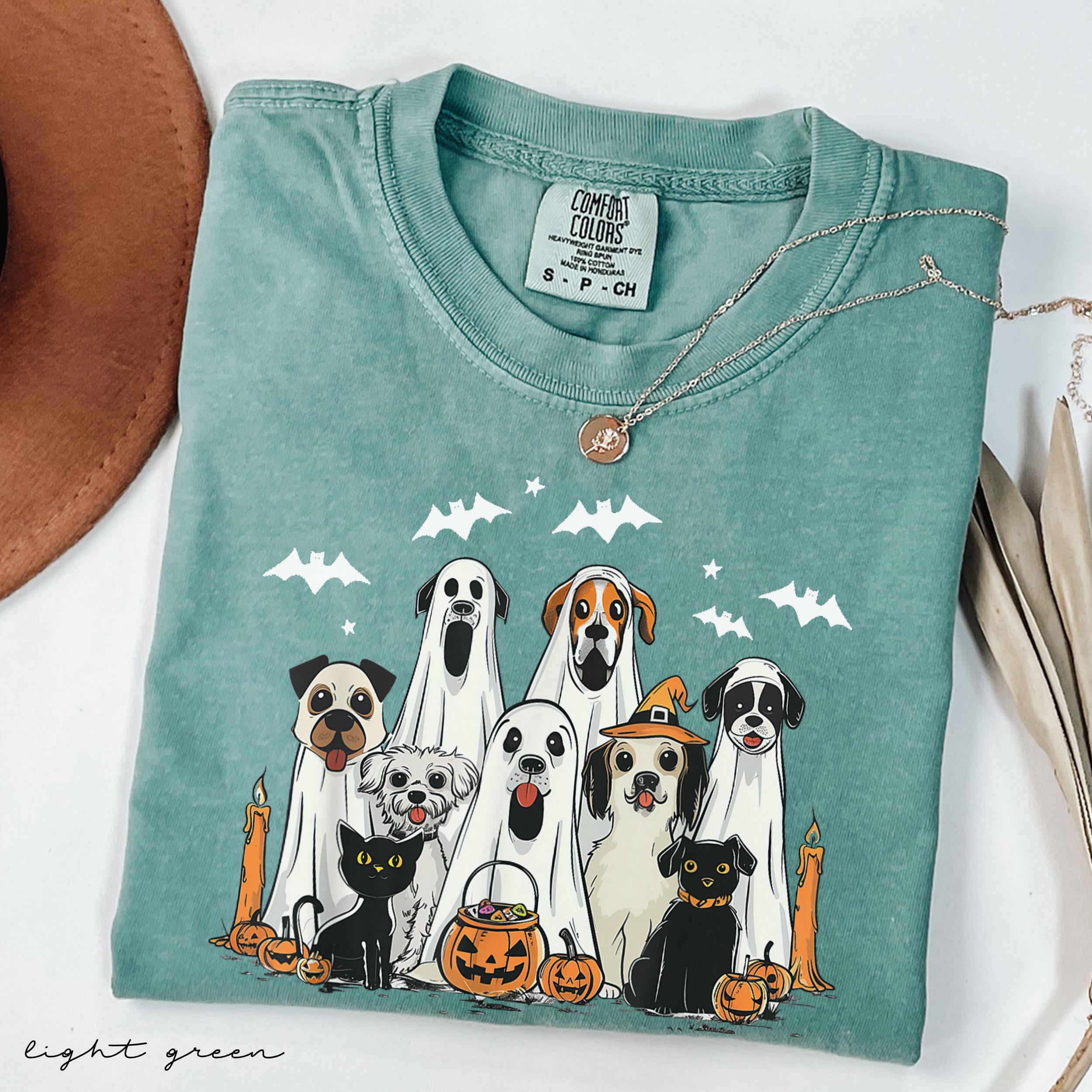 DOVU Hal.Low.Een Retro Ghost Dogs And Cats Boo Crew Shirt, Spooky Paw ...