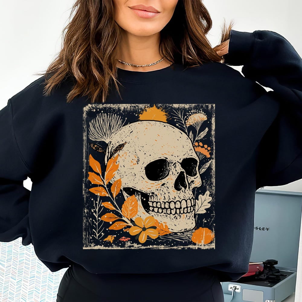 DOVU Hal.Low.Een Skull Boho Sweatshirt, Skull Pumpkin, Boho Floral Fall, Hal.Low.Een Skull ...