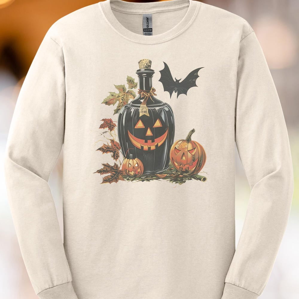 DOVU Hal.Low.Een Skull Bottle Graphic Sweatshirt Pumpkin Bat Fall Leaves Long Sleeve Tee Spooky ...