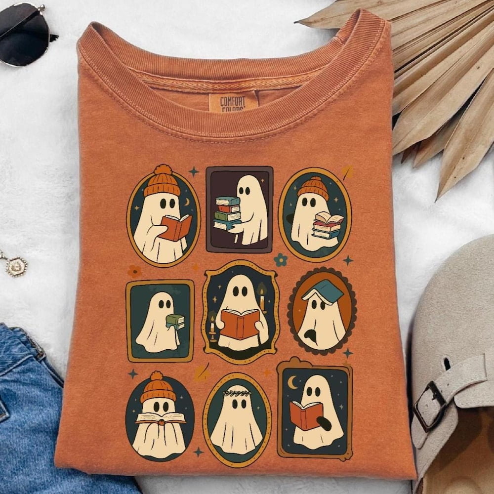 DOVU Hal.Low.Een Teacher Ghost Book Shirt, Spooky Reading Shirt For Teachers, Funny Ghost Book ...