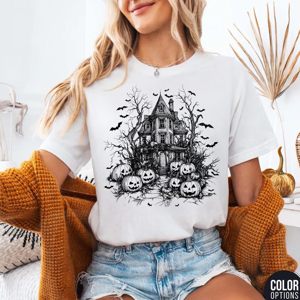 DOVU Haunted House Hal.Low.Een Shirt Spooky Pumpkin Bat Tee Creepy ...
