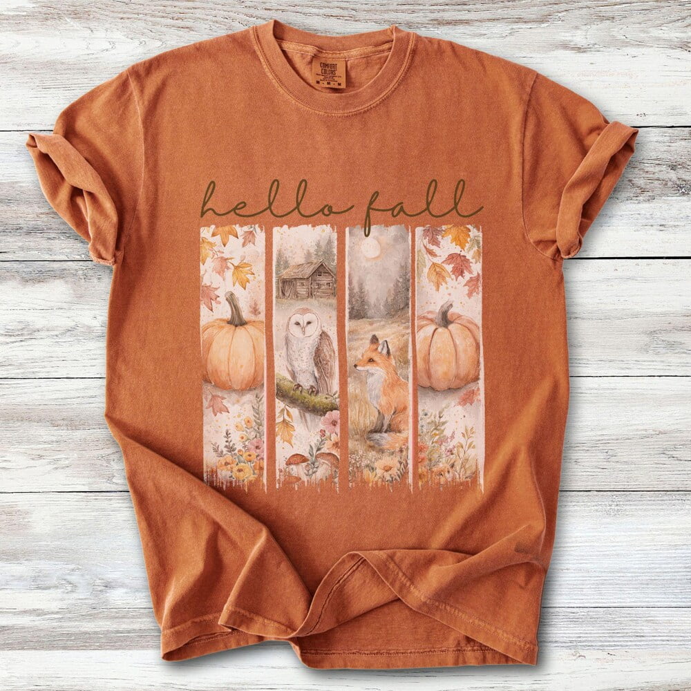 DOVU Hello Fall Shirt Autumn Vibes Cottagecore T Shirt Pumpkin Fox Owl ...