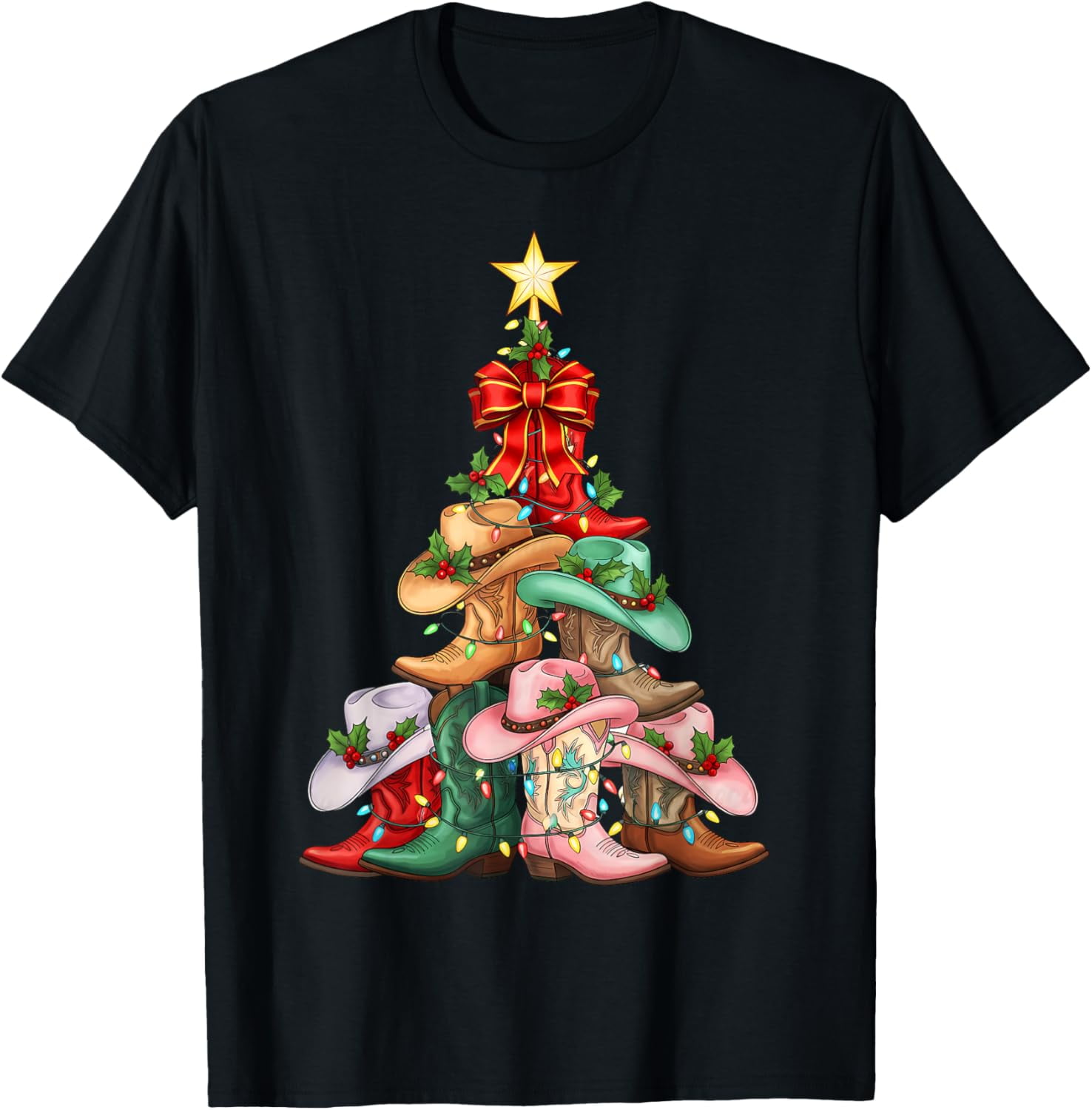 DOVU Howdy Chris.Tmas Tree Western Cowboots Lights T-Shirt Unisex S-5XL ...
