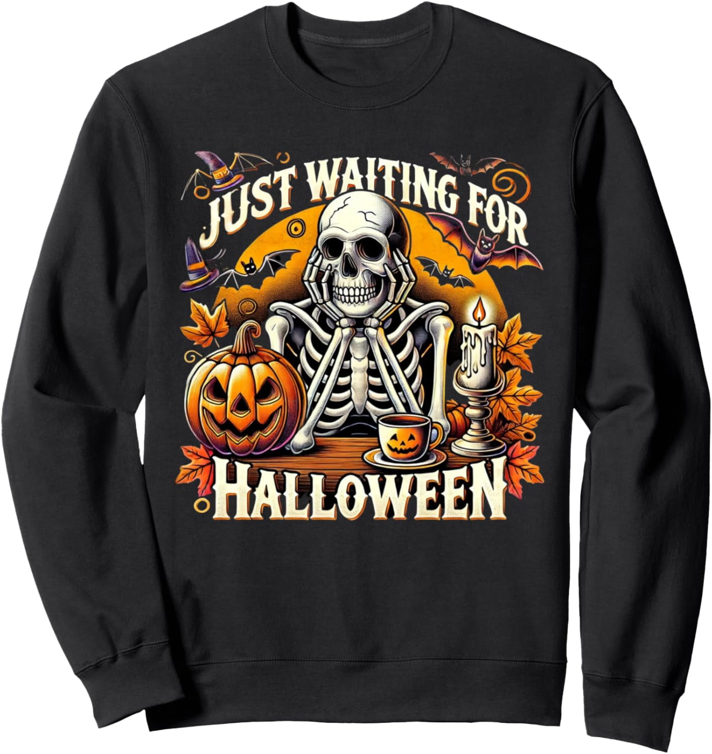 DOVU Just Waiting For Hal.Low.Een Skeleton Coffee Spooky Season Sweatshirt Trendy Sweatshirt ...
