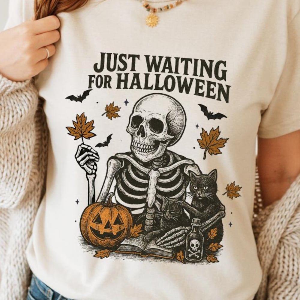 DOVU Just Waiting For Hal.Low.Een T-Shirt, Funny Skeleton Design, Hal ...