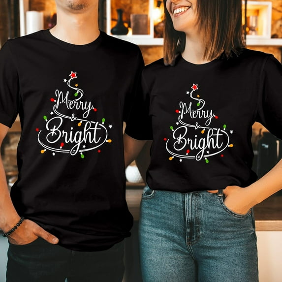 DOVU Merry & Bright Chris.Tmas Shirt, Holiday Lights Tree Graphic Tee ...