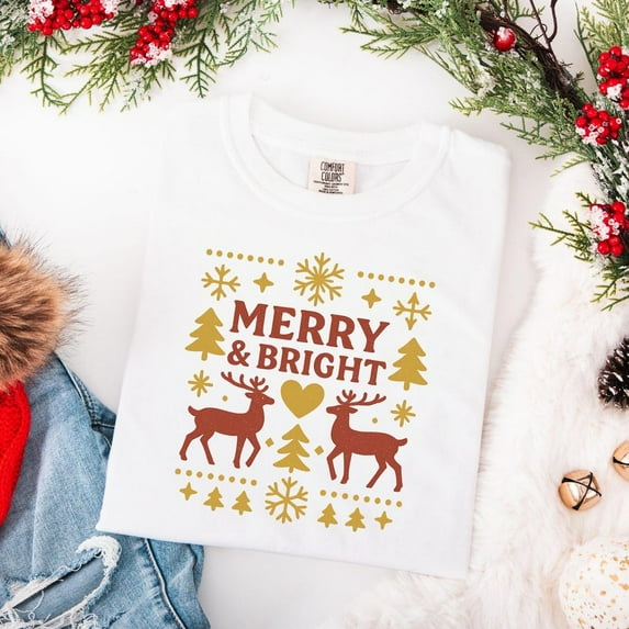 DOVU Merry & Bright Chris.Tmas Shirt, Retro Reindeer Holiday Tee ...