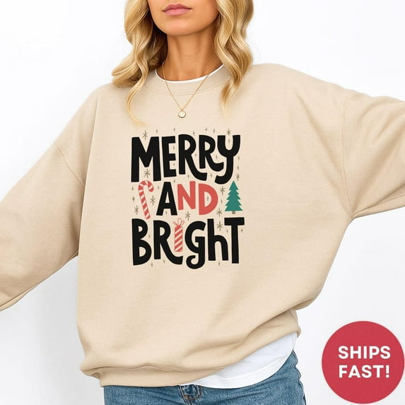 DOVU Merry And Bright Chris.Tmas Sweatshirt Retro Holiday Pullover ...