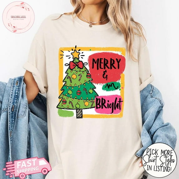 DOVU Merry And Bright Chris.Tmas Tree Shirt, Colorful Holiday Graphic ...