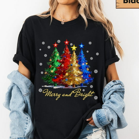 DOVU Merry And Bright Trees, Chris.Tmas Shirt, Womans Holiday Shirt ...