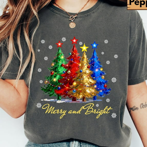 DOVU Merry And Bright Trees, Chris.Tmas Shirt, Womans Holiday Shirt ...