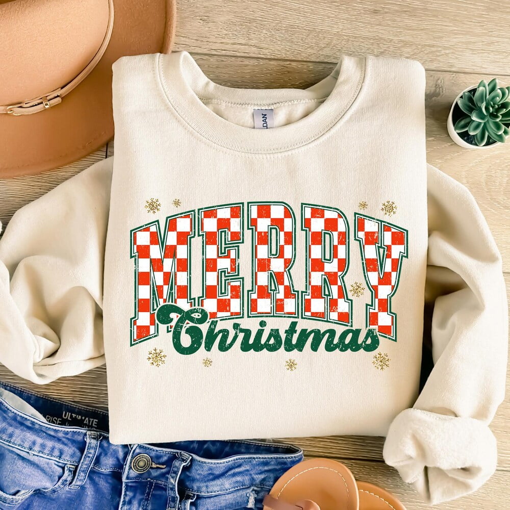 DOVU Merry Chris.Tmas Sweatshirt, Checkered Sweatshirt, Varsity Shirt ...