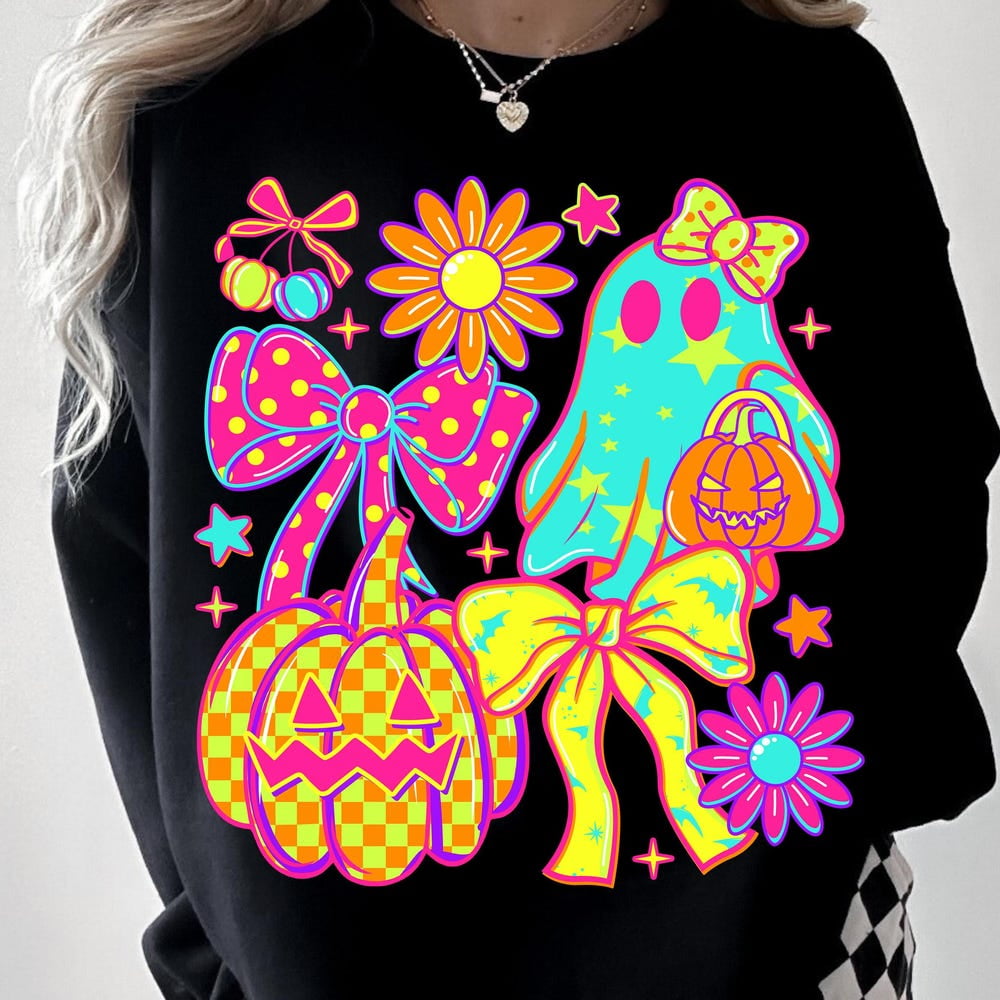 DOVU Neon Hal.Low.Een Ghost Sweatshirt, Cute Boo Ghost Coquette Sweatshirt, Floral Spooky Season ...