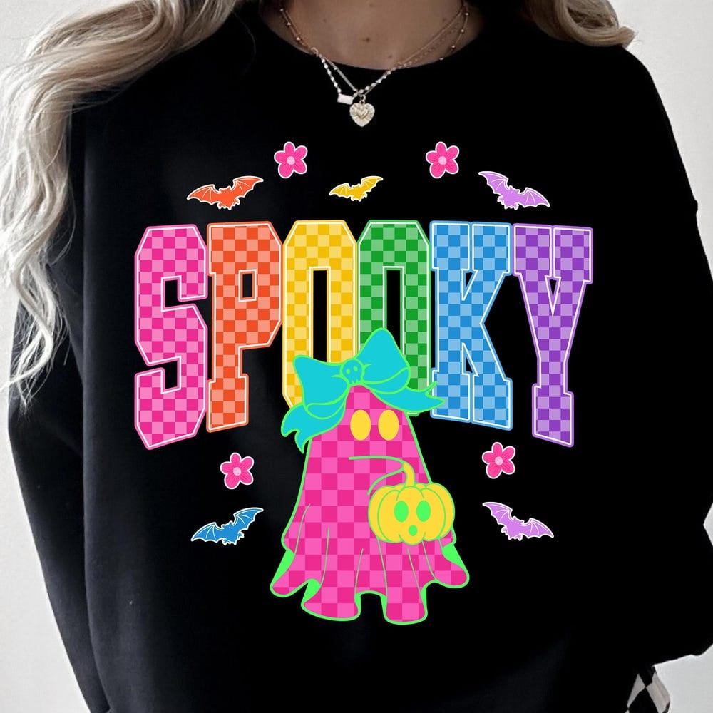DOVU Neon Hal.Low.Een Spooky Ghost Sweatshirt, Checkered Hal.Low.Een ...