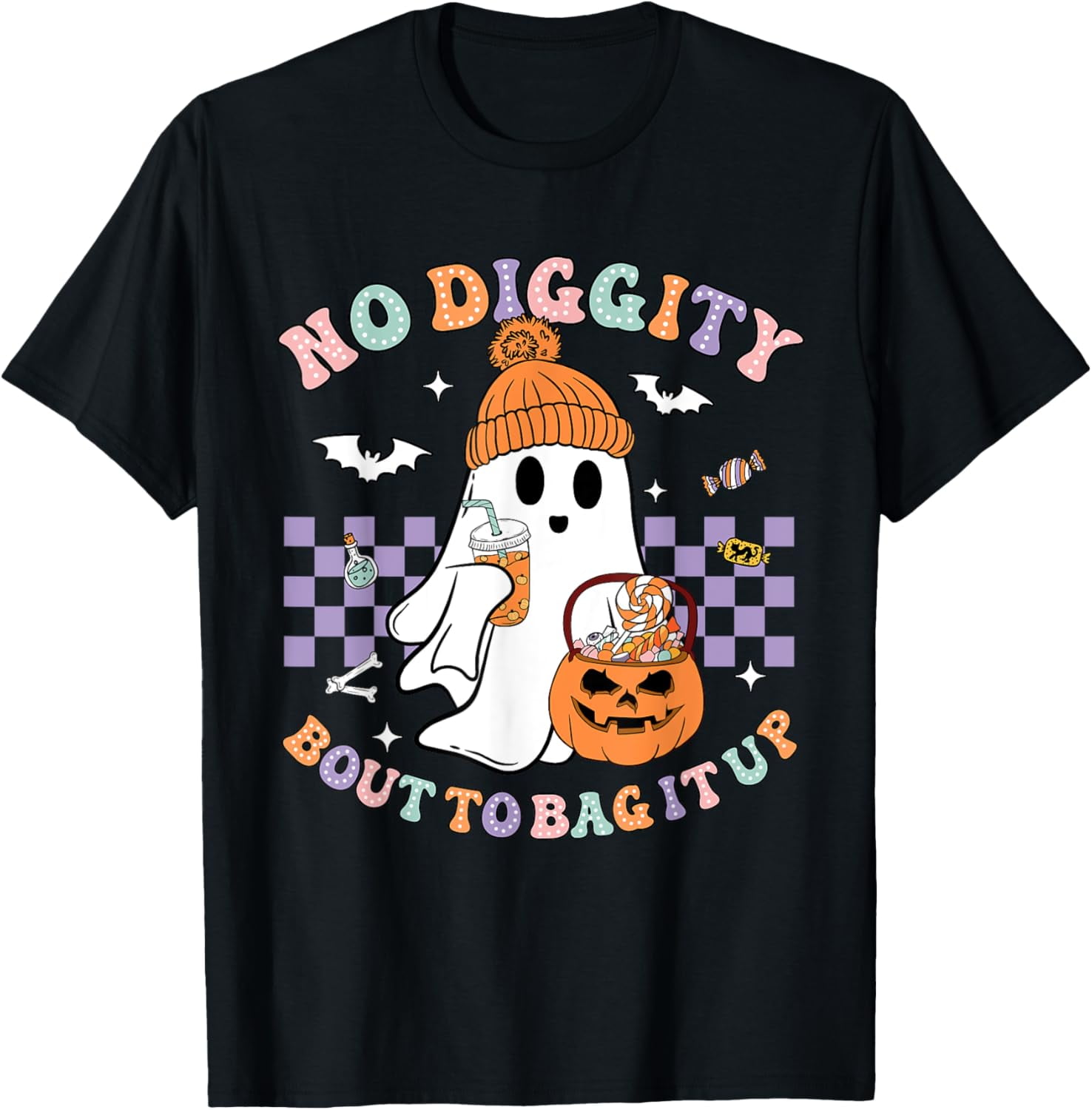 DOVU No Diggity Bout To Bag It Up Cute Ghost Hal.Low.Een Candy T-Shirt ...