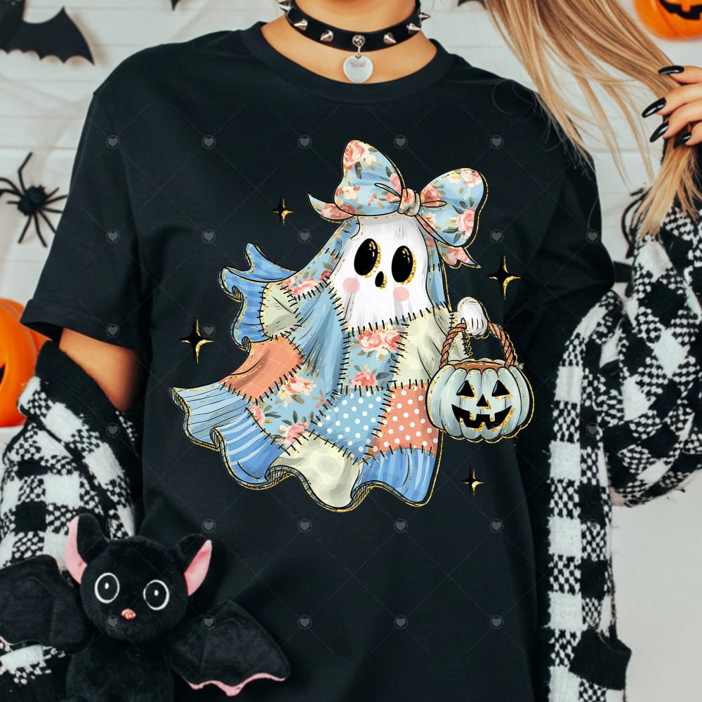 DOVU Patchwork Ghost Shirt, Coquette Ghost, Preppy Pastel Hal.Low.Een, Blue Denim Ghost Pumpkin ...