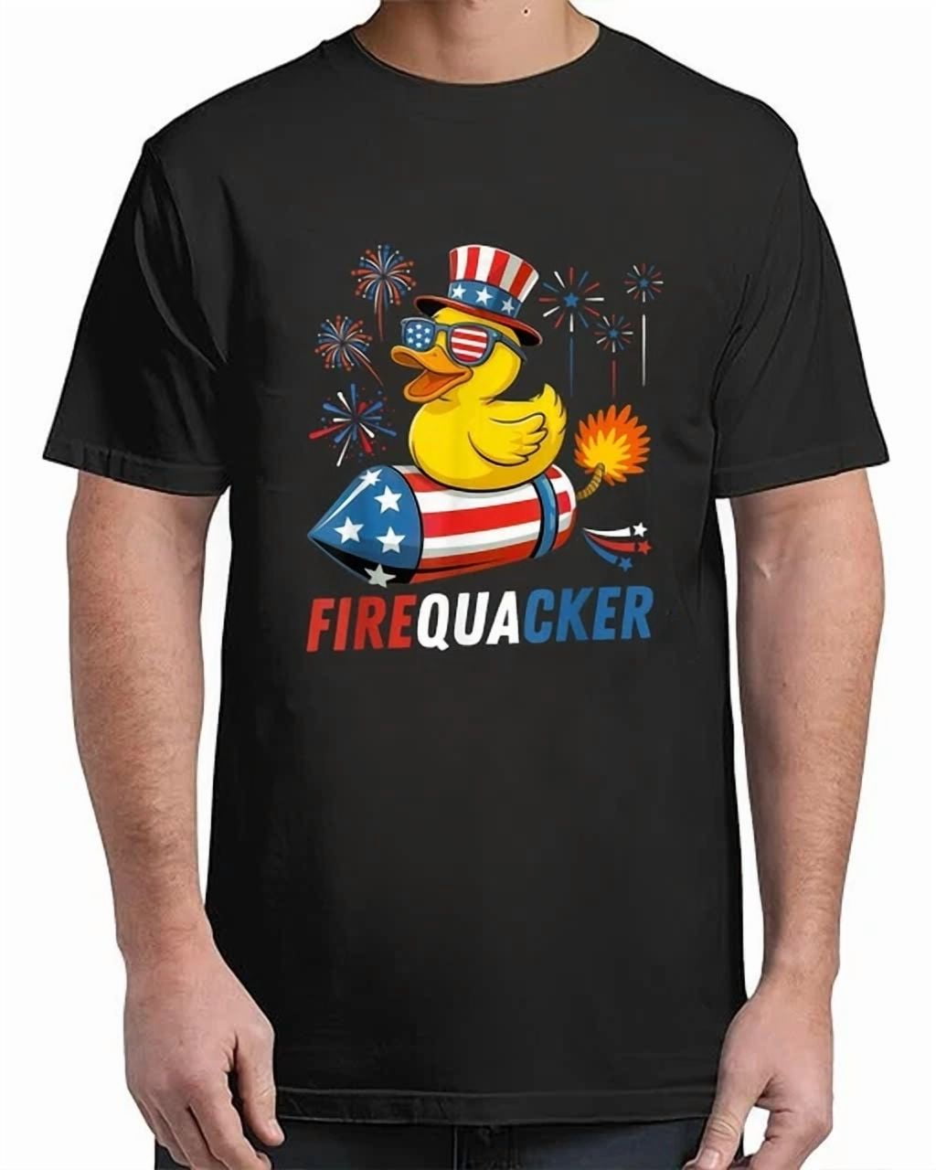 DOVU Patriotic Rubber Duck Firequacker Usa Flag Funny T-Shirt Unisex S ...