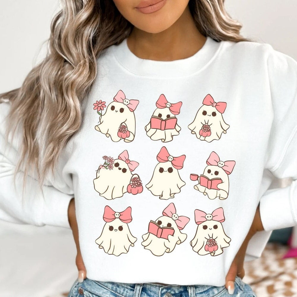 DOVU Pink Ghost Sweatshirt, Ghost Collage Sweatshirt, Hal.Low.Een Shirt, Cute Pink Reading Ghost ...