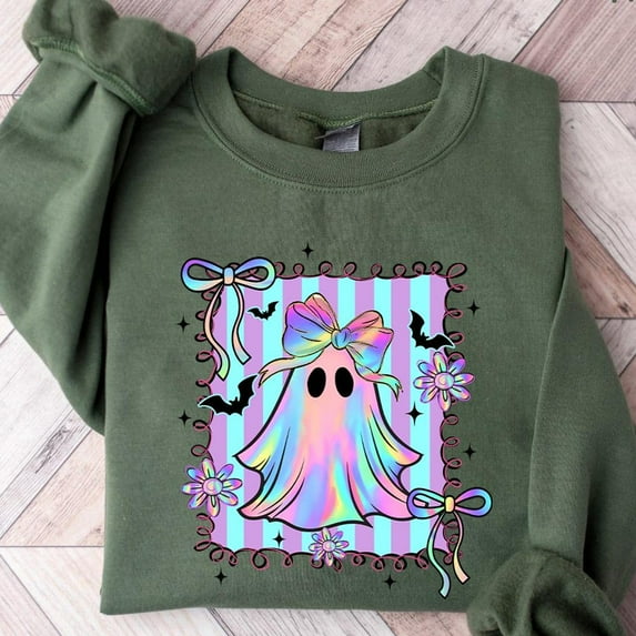 DOVU Preppy Coquette Iridescent Ghost Sweatshirt, Hal.Low.Een Sweatshirt, Girly Hal.Low.Een ...
