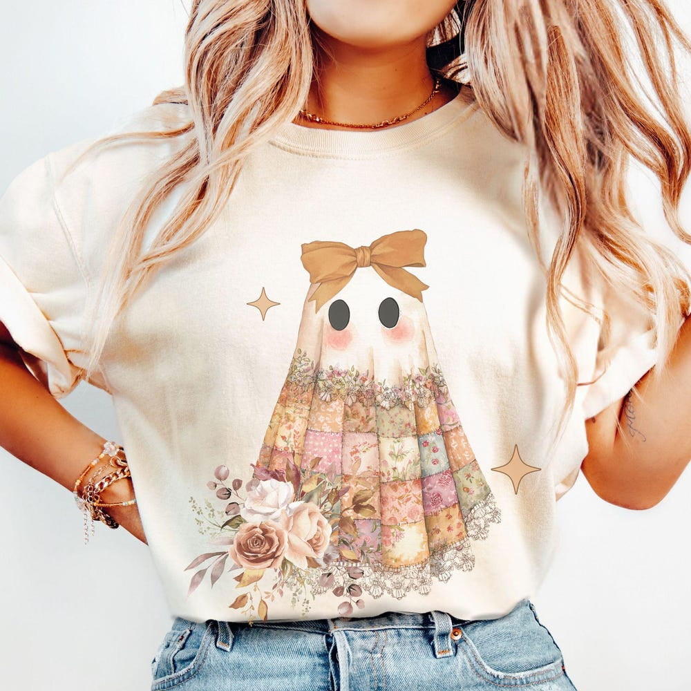 DOVU Quilted Ghost Fall Shirt, Cottagecore Ghost Tee, Hal.Low.Een Vintage Patchwork Ghost T ...