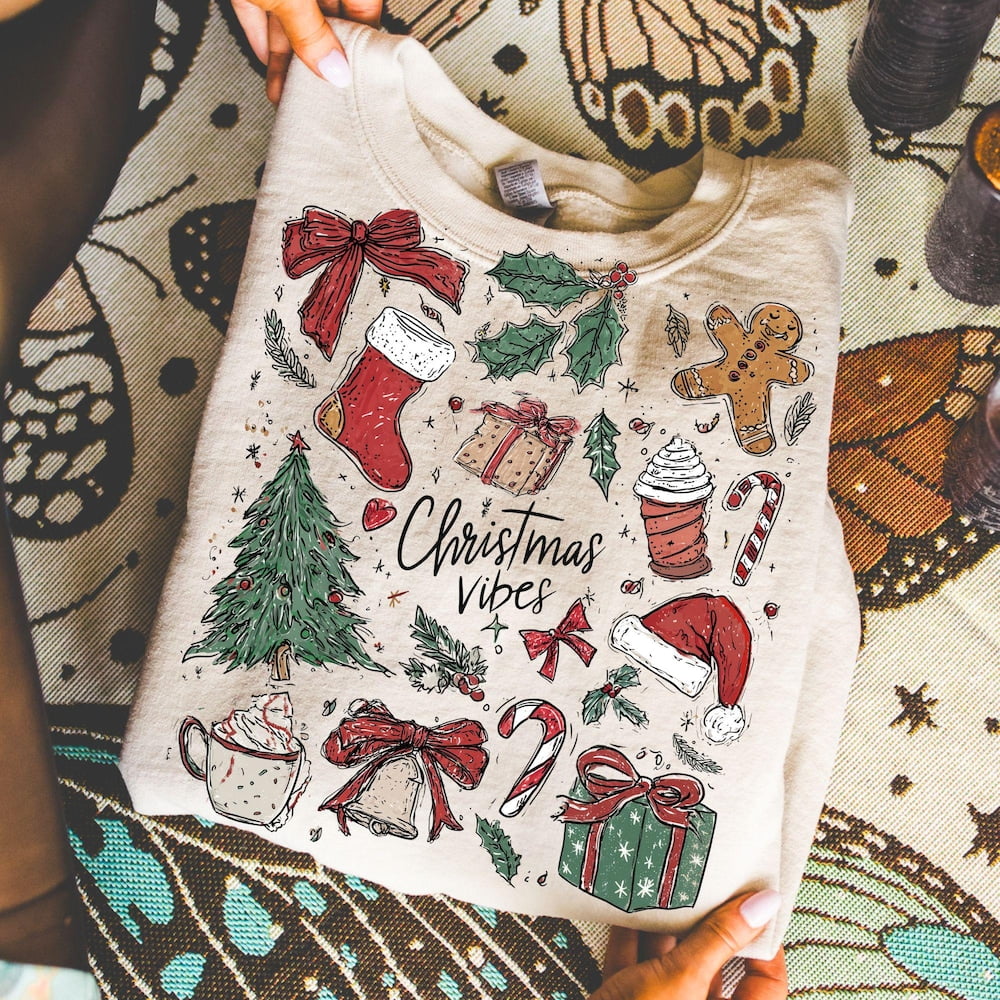 DOVU Retro Chris.Tmas Shirt Doodle Collage Chris.Tmas Tree Hot ...