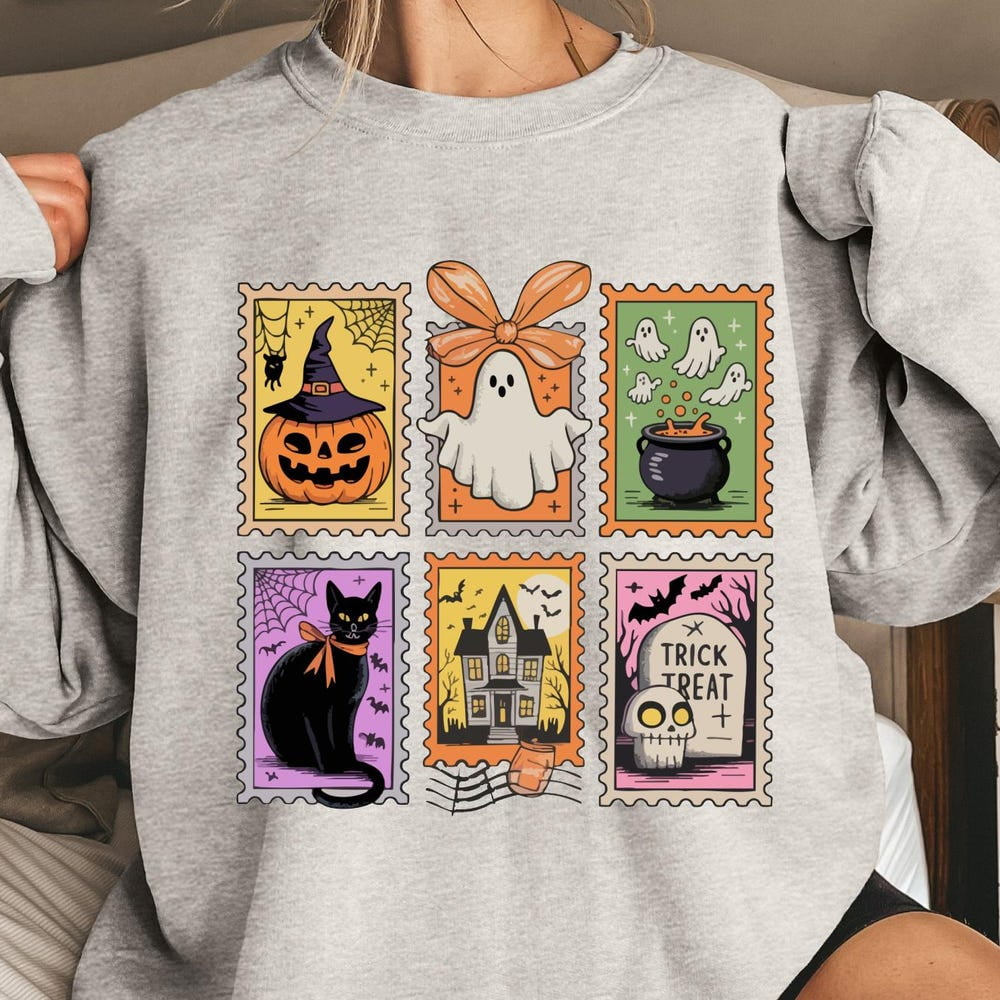 DOVU Retro Cute Hal.Low.Een Stamp Sweatshirt, Hal.Low.Een Stamps ...