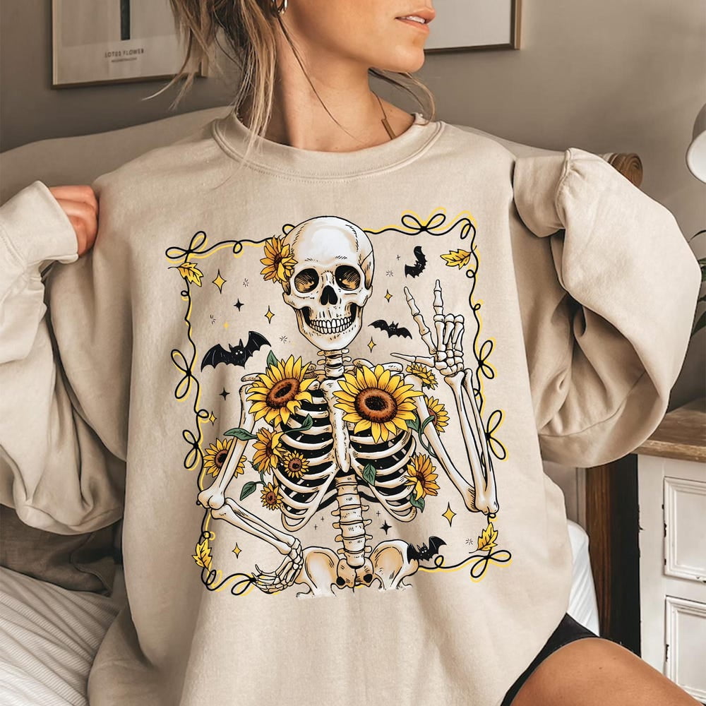 DOVU Retro Fall Skeleton Sweatshirt, Sunflower Autumn Skull, Skeleton ...