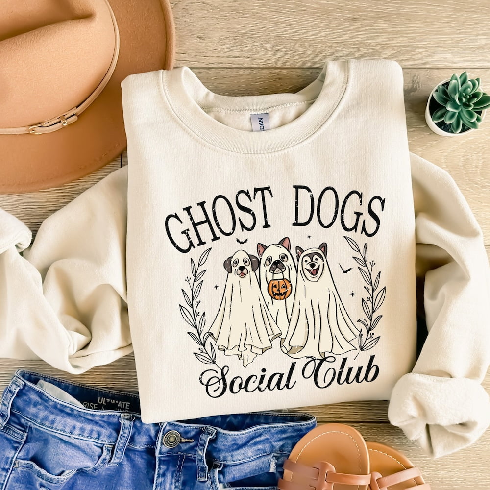 DOVU Retro Ghost Dogs Social Club Hal.Low.Een Sweatshirt, Ghost Dogs Girly Sweater, Cute Dogs ...