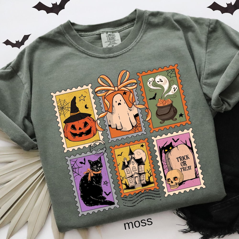 DOVU Retro Hal.Low.Een Shirt Postage Stamp Ghost Pumpkin Tee, Spooky ...