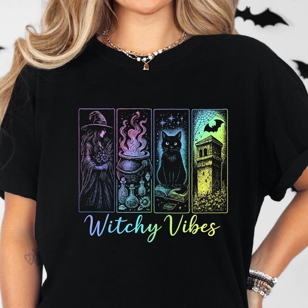 DOVU Retro Hal.Low.Een Witc.H Vibes Shirt, Cute Spooky Ghost Pumpkin Black Cat Haunted House ...