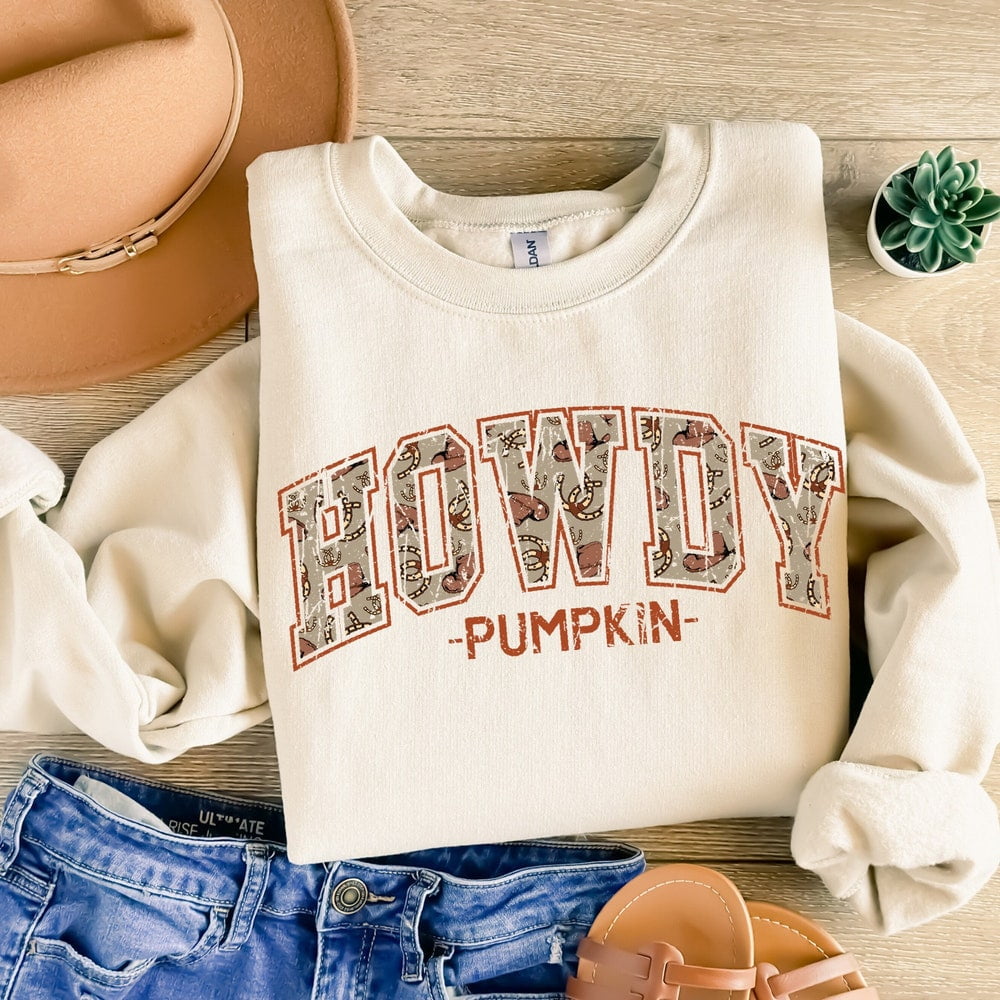 DOVU Retro Howdy Pumpkin Sweatshirt, Cute Pumpkin Cozy Season Sweater ...