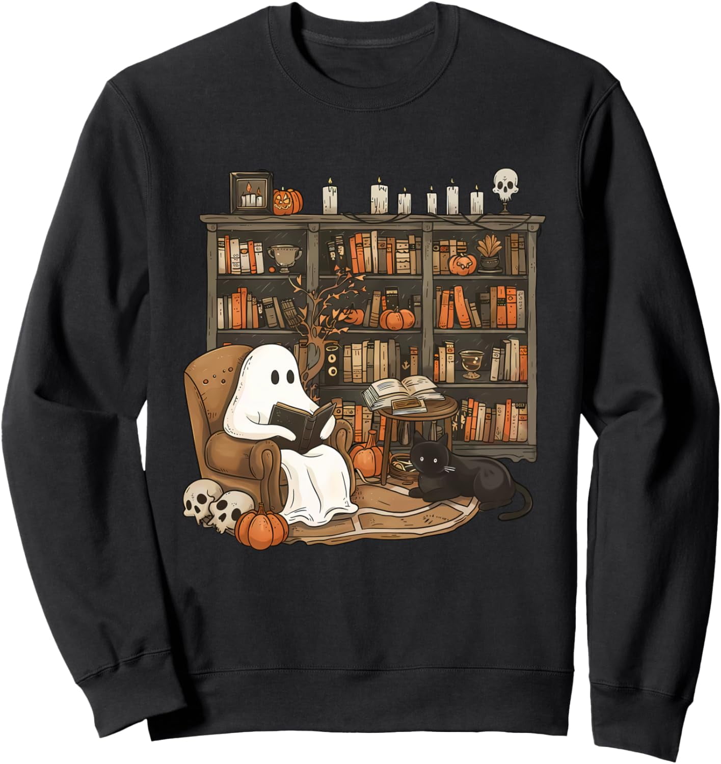 DOVU Retro Librarian Bookshelf Teacher Boujee Ghost Cat Hal.Low.Een Sweatshirt Trendy Sweatshirt ...