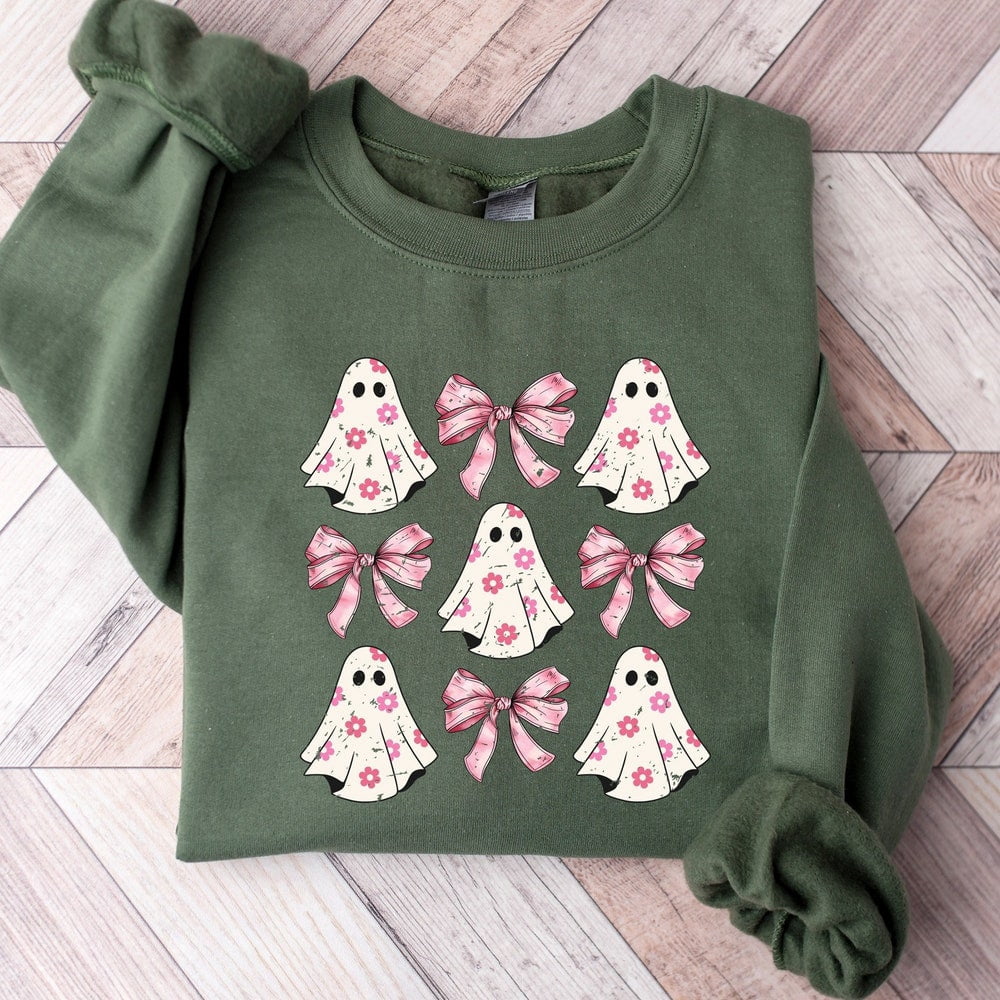 DOVU Retro Pink Coquette Ghosts Sweatshirt, Cute Ghosts Sweater, Pinky ...
