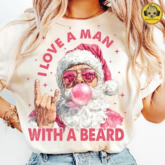 DOVU Retro Pink San.Ta Claus Shirt, I Love A Man With A Beard Shirt ...