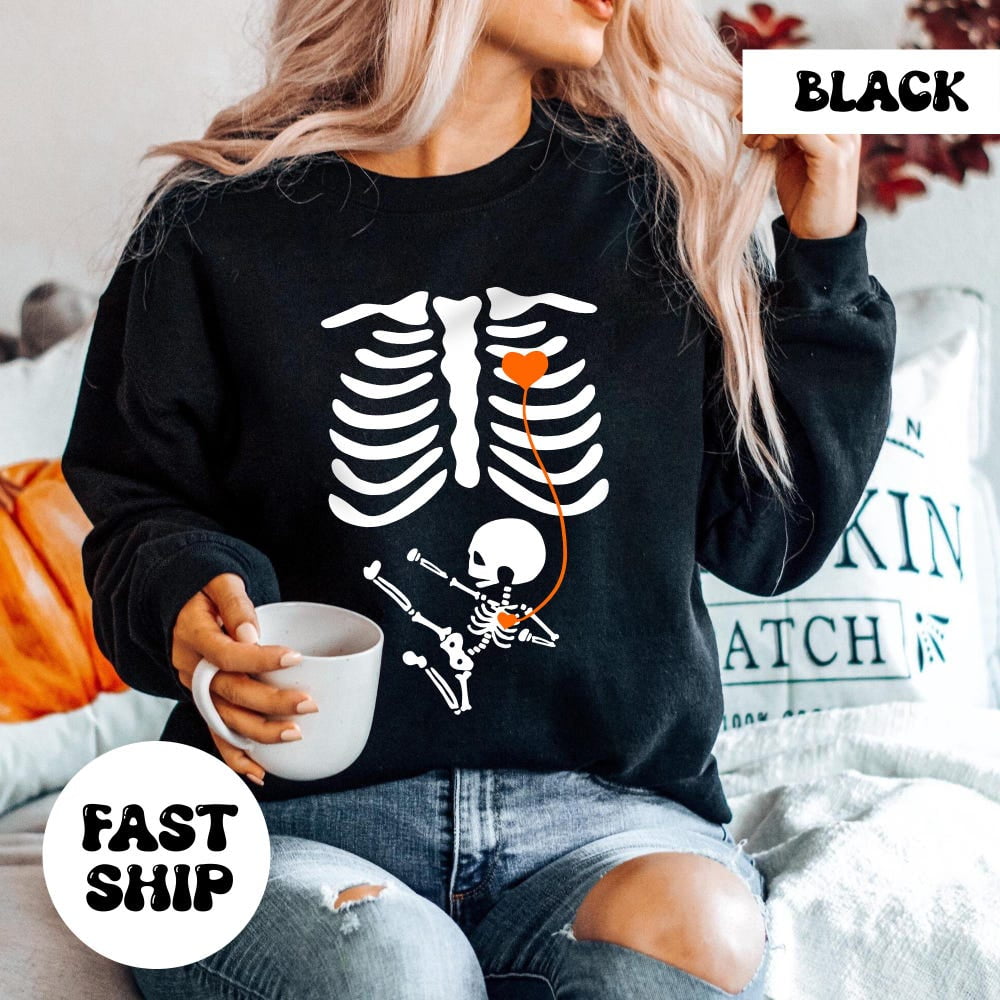 DOVU Skeleton Pregnant Sweatshirt, Skeleton Hal.Low.Een Maternity Sweater, New Baby Boy ...