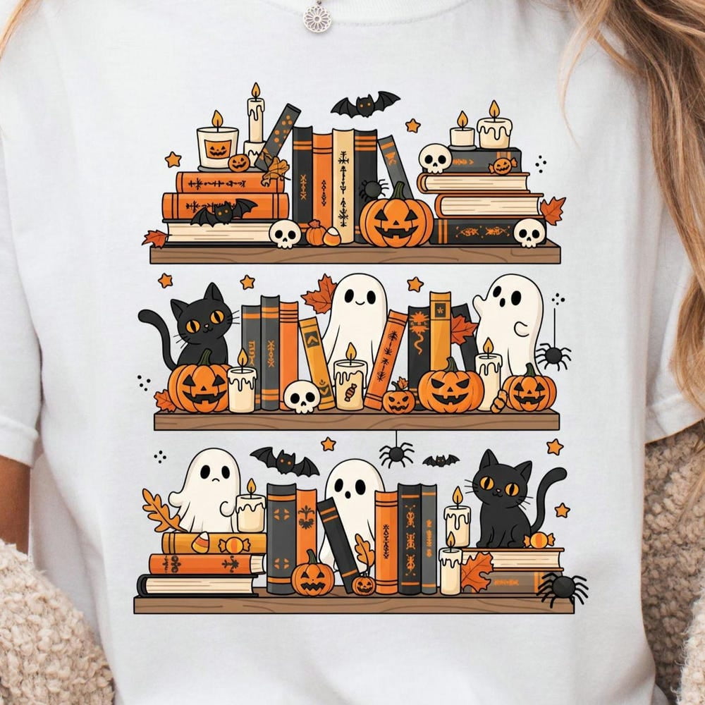DOVU Sp00Ky Bookshelf, Hal.Low.Een Book Shirt, Ghost Book Shirt, Librarian Hal.Low.Een, Bookish ...