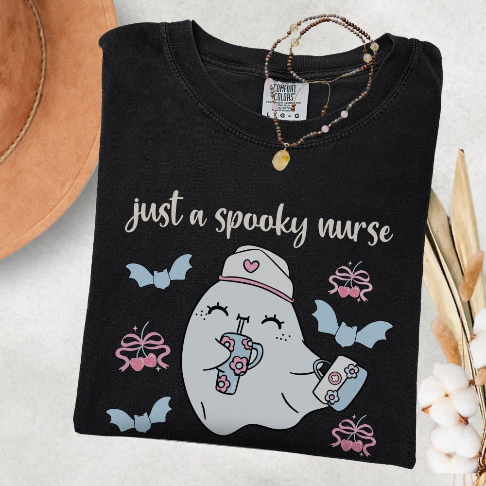 DOVU Sp00Ky Cute Ghost Nurse Shirt, Coquette Hal.Low.Een Tee, Funny Pastel Ghost Nurse T-Shirt ...