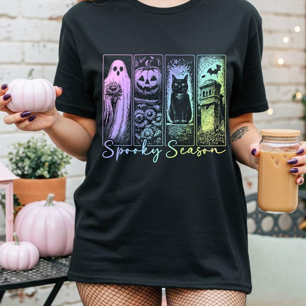 DOVU Spooky Season Hal.Low.Een Shirt Pastel Rainbow Goth Tee Cute Ghost Cat Pumpkin T-Shirt For ...