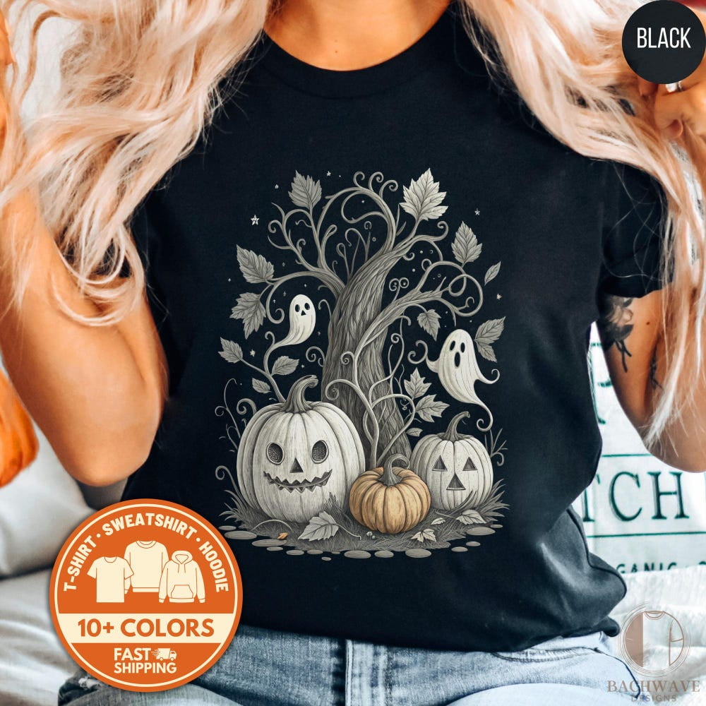 DOVU Spooky Season Tree T-Shirt, Hal.Low.Een Ghosts Tee, Pumpkin Patch Tshirt, Autumn Shirt ...